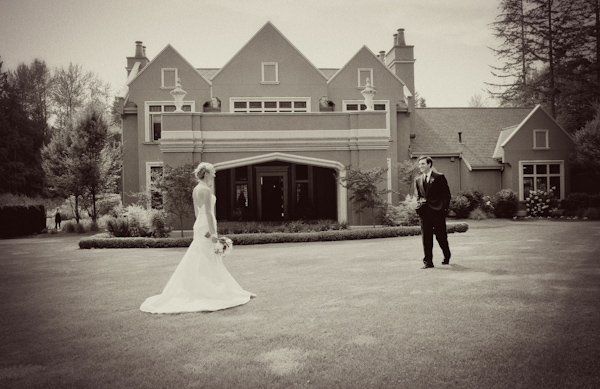 Sepia toned photo - Bride and groom's first look at each other - photo ...